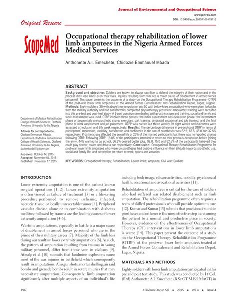 Pdf Occupational Therapy Rehabilitation Of Lower Limb Amputees