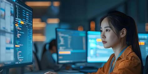 Female Asian Programmer Coding On Computer In Dimly Lit Office Space