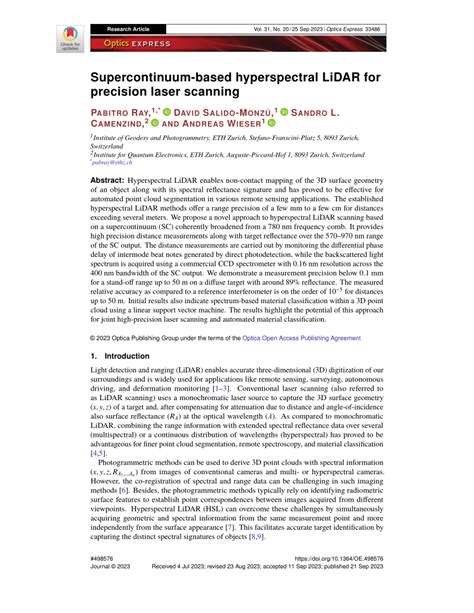 Pdf Supercontinuum Based Hyperspectral Lidar Forprecision Laser Scanning