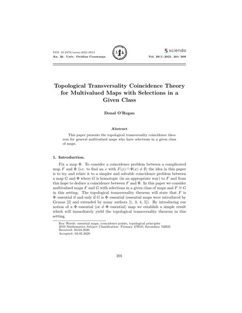 Pdf Topological Transversality Coincidence Theory For Multivalued Maps With Selections In A