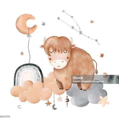 조디악 표지판 황소자리 황소 구름 별 달 별자리가 있는 수채화 아기 귀여운 구성 인쇄 카드 포스터 장식 0명에 대한 스톡 벡터