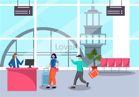 플랫 공항 인테리어 터미널 벡터 일러스트 무료 다운로드 Lovepik