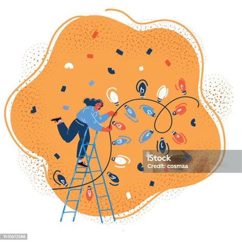 소녀의 벡터 일러스트 레이 션은 전구 조명으로 화환을 유지합니다 Diy에 대한 스톡 벡터 아트 및 기타 이미지 Diy 갈색 머리 귀여운 Istock