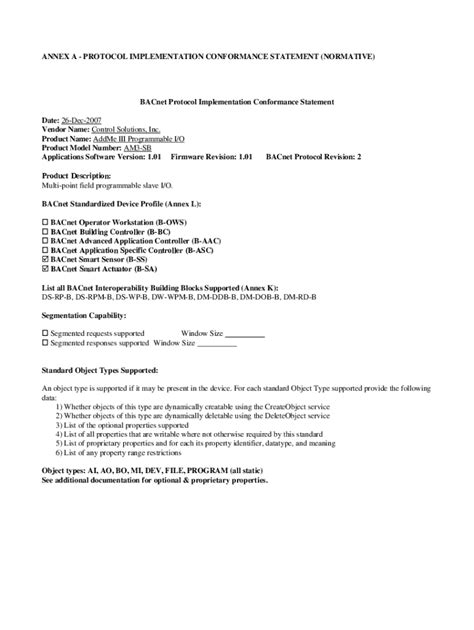 Fillable Online Bacnet Protocol Implementation Conformance Sontex