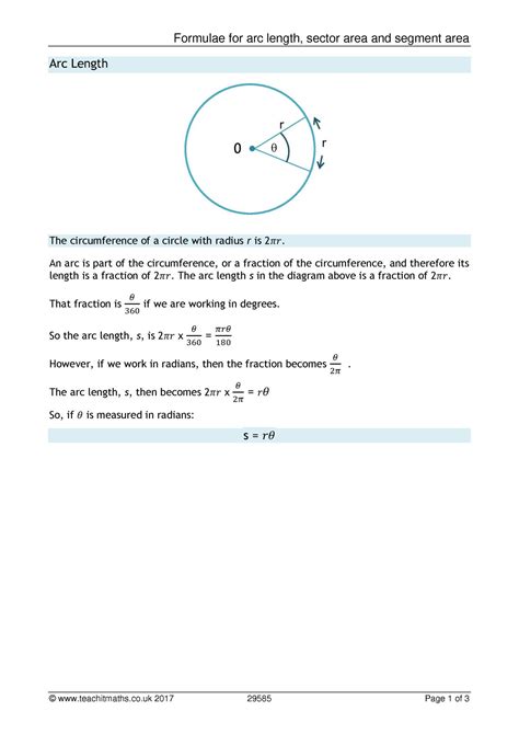 Formulae For Arc Length Sector Area And Segment Area