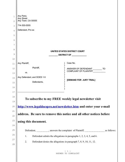 Defendant Answer To Complaint Template