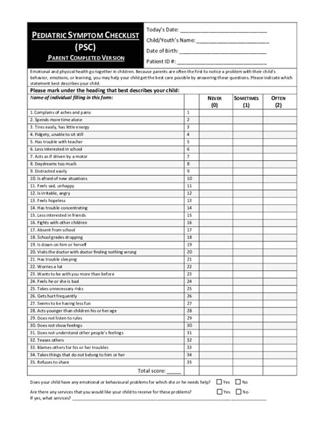 Fillable Online Pediatric Symptom Checklist Psc 17 Patient Name Dob