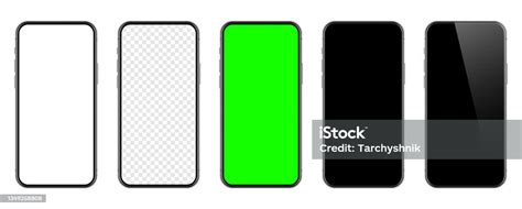 빈 터치 스크린과 녹색 크로마 키 배경과 현실적인 스마트 폰 앞보기에 프레임없는 휴대 전화 고품질 의 상세한 장치 모형 화면 배경 템플릿입니다 벡터 일러스트레이션 3차원