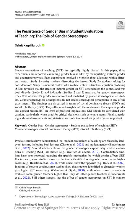 The Persistence Of Gender Bias In Babe Evaluations Of Teaching The Role Of Gender Stereotypes