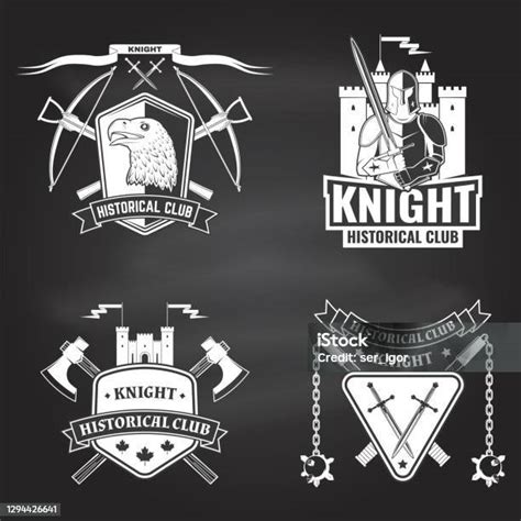 기사 역사 클럽 배지 디자인 벡터 셔츠 인쇄 스탬프 오버레이 또는 템플릿에 대한 개념 석궁 독수리 전투 도끼 도리깨 와 방패 실루엣 빈티지 타이포그래피 디자인 중세에 대한