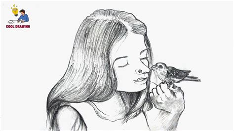 Girl With Bird Drawing How To Draw A Girl Step By Step Pencil
