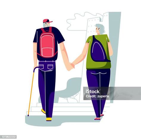 시니어 커플 여행 장로 활동적인 남자와 여자 와 배낭 도보 도시 개념에 대한 스톡 벡터 아트 및 기타 이미지 개념 걷기 관광 Istock