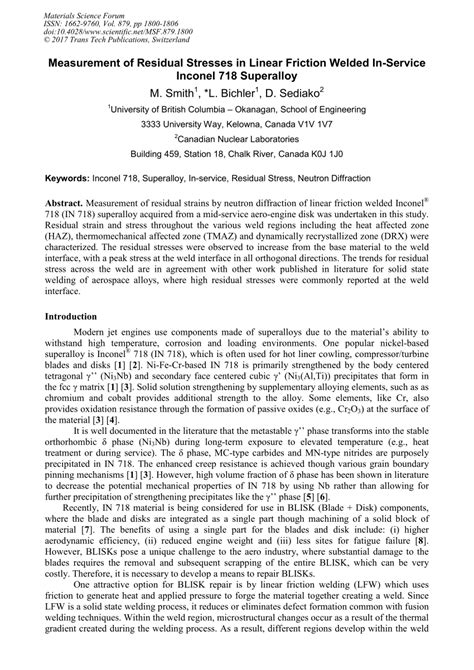 Pdf Measurement Of Residual Stresses In Linear Friction Welded In Service Inconel 718 Superalloy