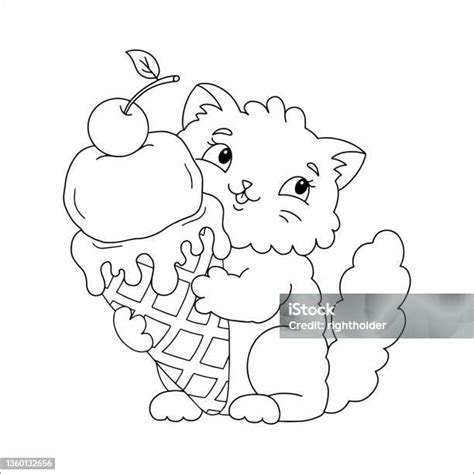 귀여운 푹신한 고양이가 맛있는 식욕을 돋우는 아이스크림을 발에 담고 있습니다 아이들을위한 색칠 공부 책 페이지 만화 스타일 흰색 배경에서 격리된 벡터 그림입니다 고양이