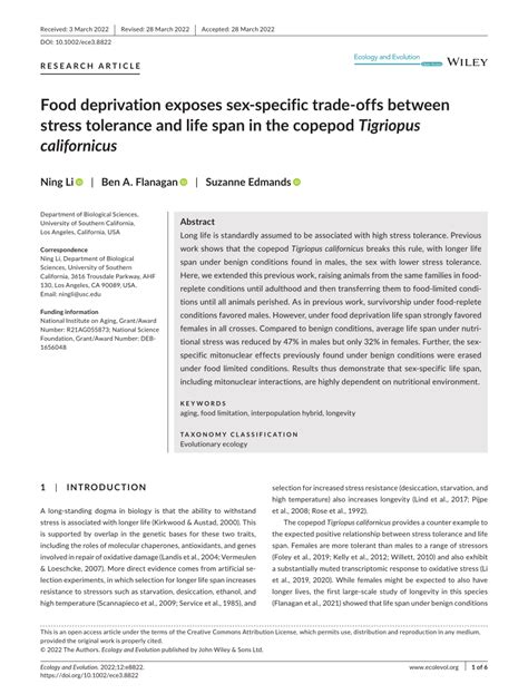 Pdf Food Deprivation Exposes Sex‐specific Trade‐offs Between Stress Tolerance And Life Span In