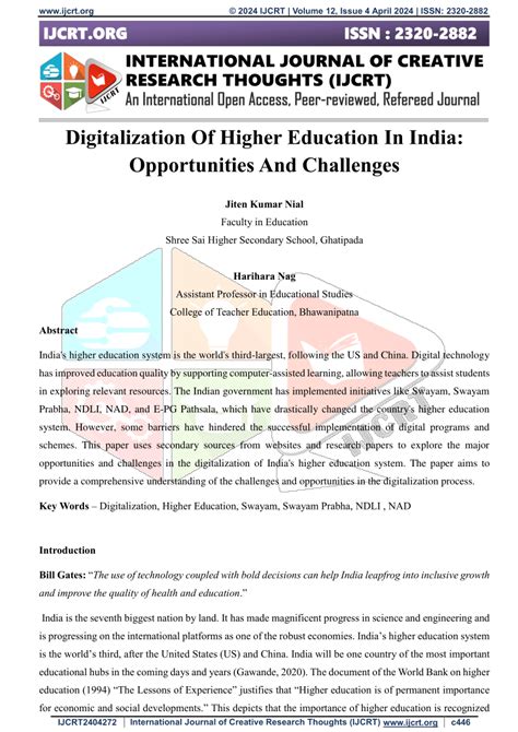 Pdf Digitalization Of Higher Education In India Opportunities And Challenges