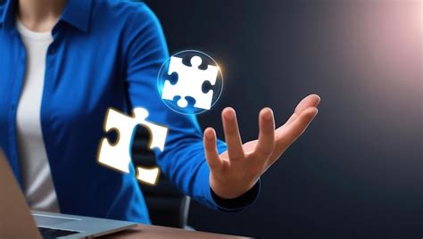a businesswoman holds her hand out with two puzzle pieces floating in front of her symbolizing