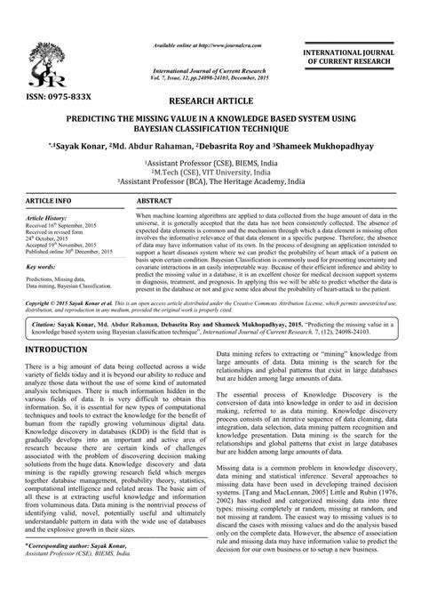 Pdf Predicting The Missing Value In A Knowledge Based System Using Bayesian Classification