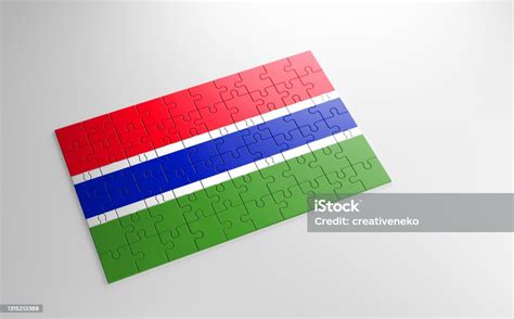 감비아의 국기의 인쇄와 직소 퍼즐 흰색 배경에 고립 된 퍼즐의 조각 성취와 완벽한 개념 국가 무결성의 상징 3d 일러스트레이션 개념에 대한 스톡 사진 및 기타 이미지