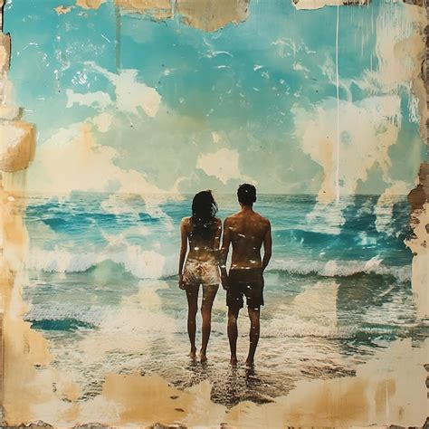 A Painting Of A Couple Standing In The Water With The Ocean In The