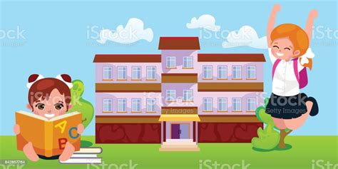 학교 배너에 대 한 개념을 다시 어린이 근처 서 건물 하 고 행복 한 학교 교육 올해의 시작 부분에 학생 배낭와 균일 한 입력된 대학 벡터 일러스트 레이 션 가정용 장비에