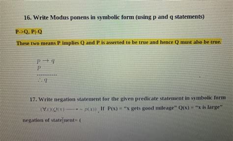 solved 16 write modus ponens in symbolic form using p and