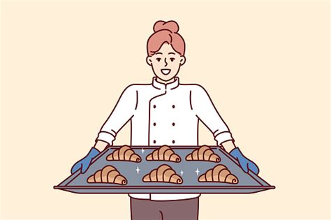 여자 제빵사는 자신의 빵집에서 판매할 신선한 페이스트리를 준비하는 크루아상 쟁반을 들고 있다 가정 주방에 대한 스톡 벡터 아트 및 기타 이미지 Istock