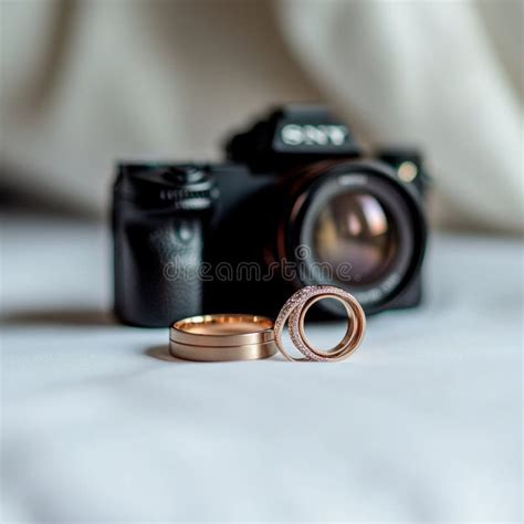 Wedding Rings And Camera On White Surface Stock Image Image Of Bokeh