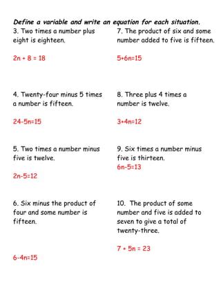 Writing Two Step Equations DOC