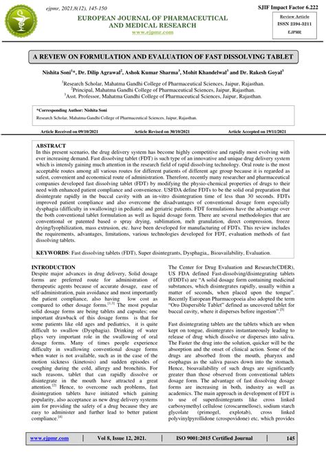 Pdf A Review On Formulation And Evaluation Of Fast Dissolving Tablet
