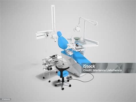 현대 블루 치과 자 및 침대 옆 테이블 도구와 그림자와 회색 배경에 치과 관점 3d 렌더링에 대 한 제품 건강관리와 의술에 대한 스톡 사진 및 기타 이미지 Istock