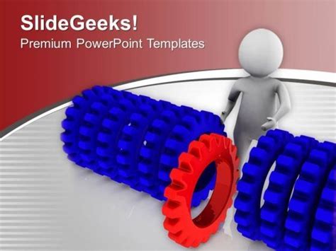 Man Pushing Different Red Gear PowerPoint Templates Ppt Backgrounds For Slides