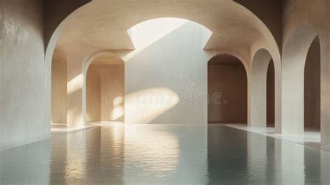 Serene Minimalist Interior With Reflective Pool And Sunlight Stock Illustration Illustration