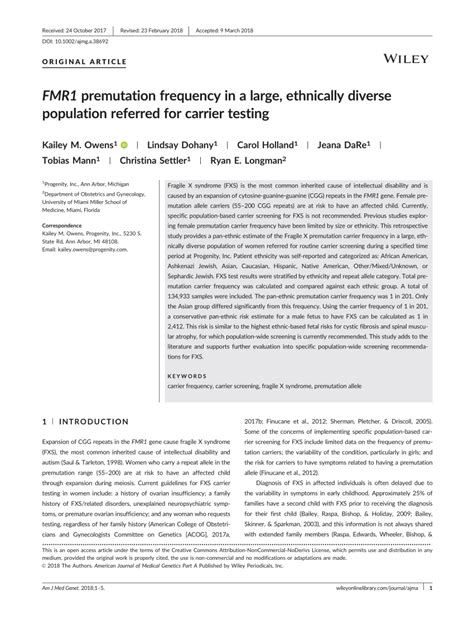 Pdf Fmr1 Premutation Frequency In A Large Ethnically Diverse Population Referred For Carrier
