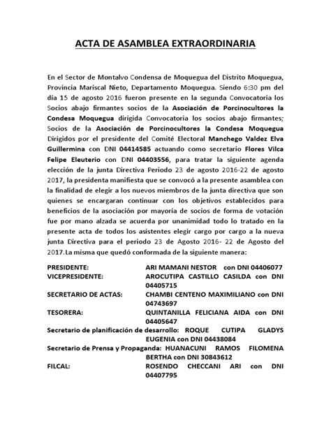 Acta De Asamblea Extraordinaria Pdf Gobierno