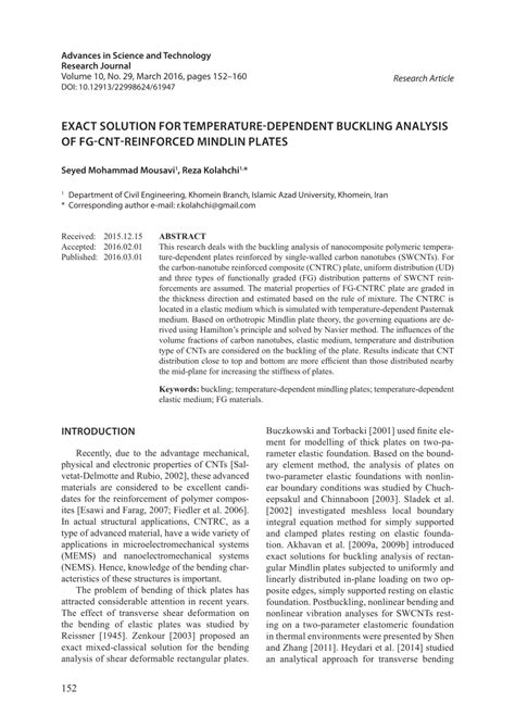 Pdf Exact Solution For Temperature Dependent Buckling Analysis Of Fg Cnt Reinforced Mindlin Plates