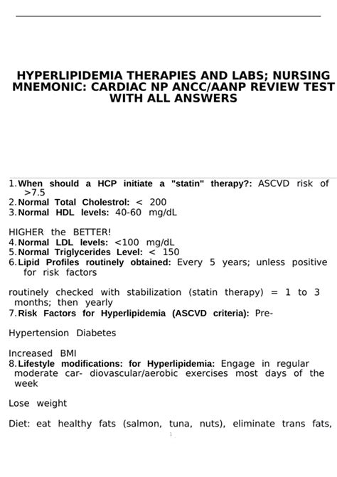 Hyperlipidemia Therapies And Labs Nursing Mnemonic Cardiac Np Ancc Aanp