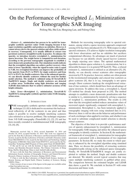 Pdf On The Performance Of Reweighted L 1 Minimization For Tomographic Sar Imaging