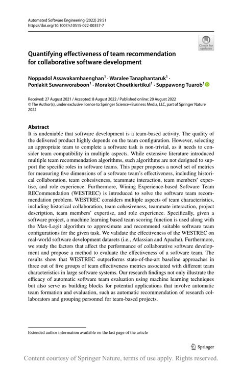 Quantifying Effectiveness Of Team Recommendation For Collaborative