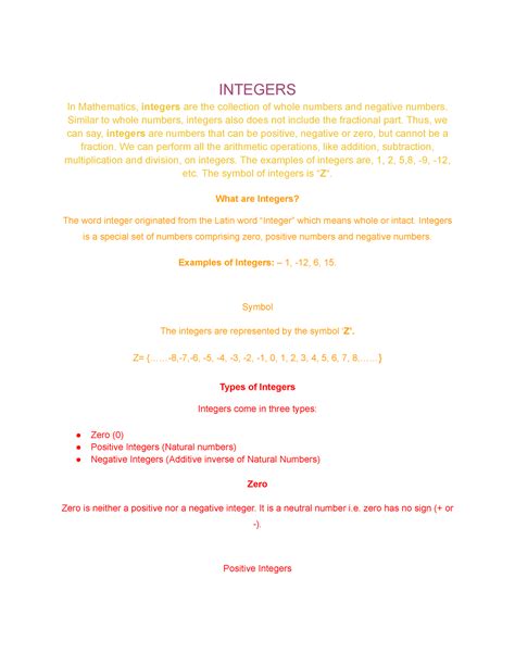 Integers An Integer Is The Number Zero A Positive Natural Number Or A Negative Integer Studocu