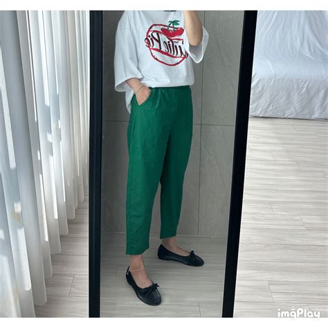 여자 여름 밴딩 얇은 면 스판 일자 배기바지 8부 9부 바지 초록 검정