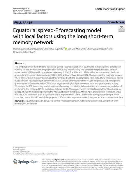 Pdf Equatorial Spread F Forecasting Model With Local Factors Using The Long Short Term Memory
