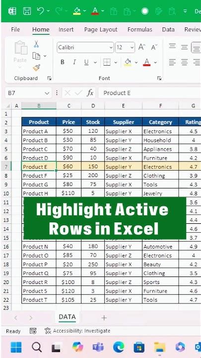 how to highlight the active rows in excel shorts exceltips exceltricks youtube