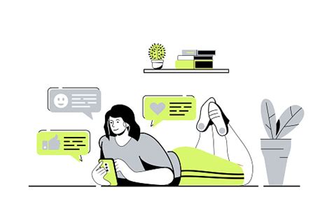 웹 사이트 디자인을위한 평면 만화 사람들과 소셜 네트워크 웹 개념 모바일 앱에서 채팅 및 메시지를 보내고 뉴스 피드를 탐색하고 게시물과 좋아요를 만들고 댓글을 남기는 여성