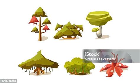 그린 판타지 여름 나무와 식물 설정 사용자 인터페이스 자산 모바일 애플 리 케이 션 또는 비디오 게임 정보는 흰색 바탕에 그림을 벡터 0명에 대한 스톡 벡터 아트 및 기타