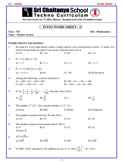 7 Class Intso Work Sheet 2 Number System Pdf Numbers
