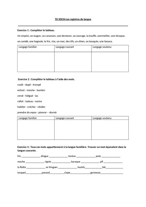 Registres De Langages Lectures Français Docsity