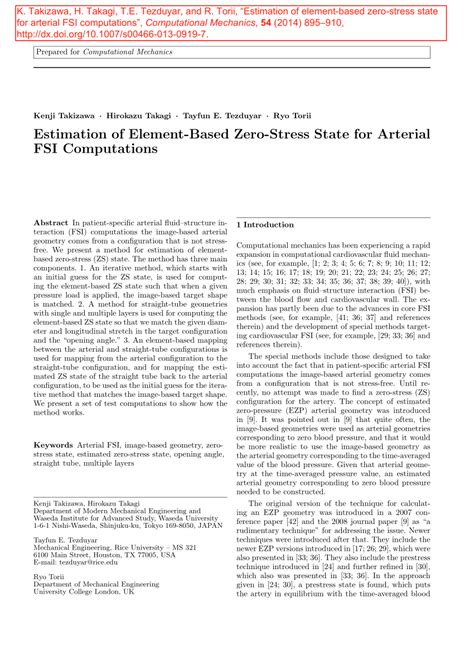 Pdf Estimation Of Element Based Zero Stress State For Arterial Fsi Computations