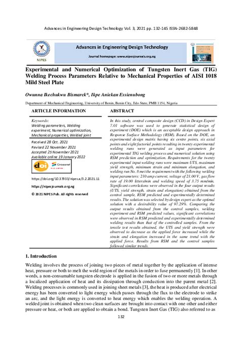 Pdf Experimental And Numerical Optimization Of Tungsten Inert Gas Tig Welding Process