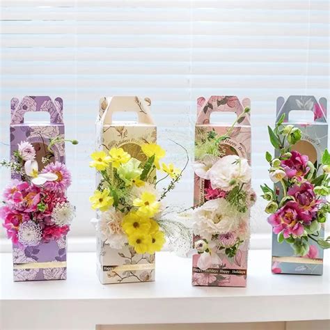 접이식 휴대용 크래프트 종이 상자 직사각형 빈 창 꽃 부케 발렌타인 데이 꽃꽂이 선물 포장 종이 상자 Aliexpress
